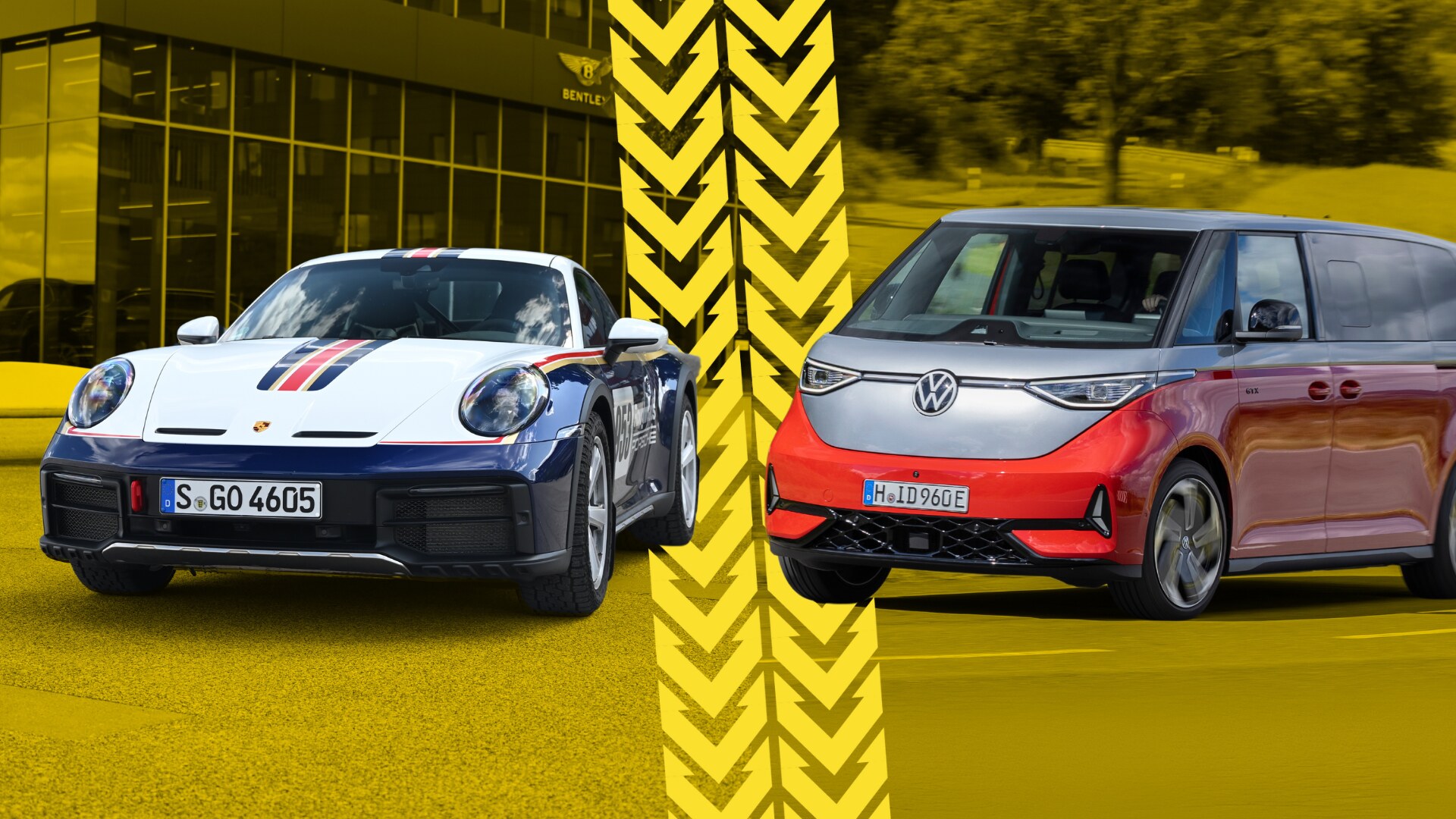 VW ID. Buzz GTX vs Porsche 911 Dakar, electric van vs rally beast