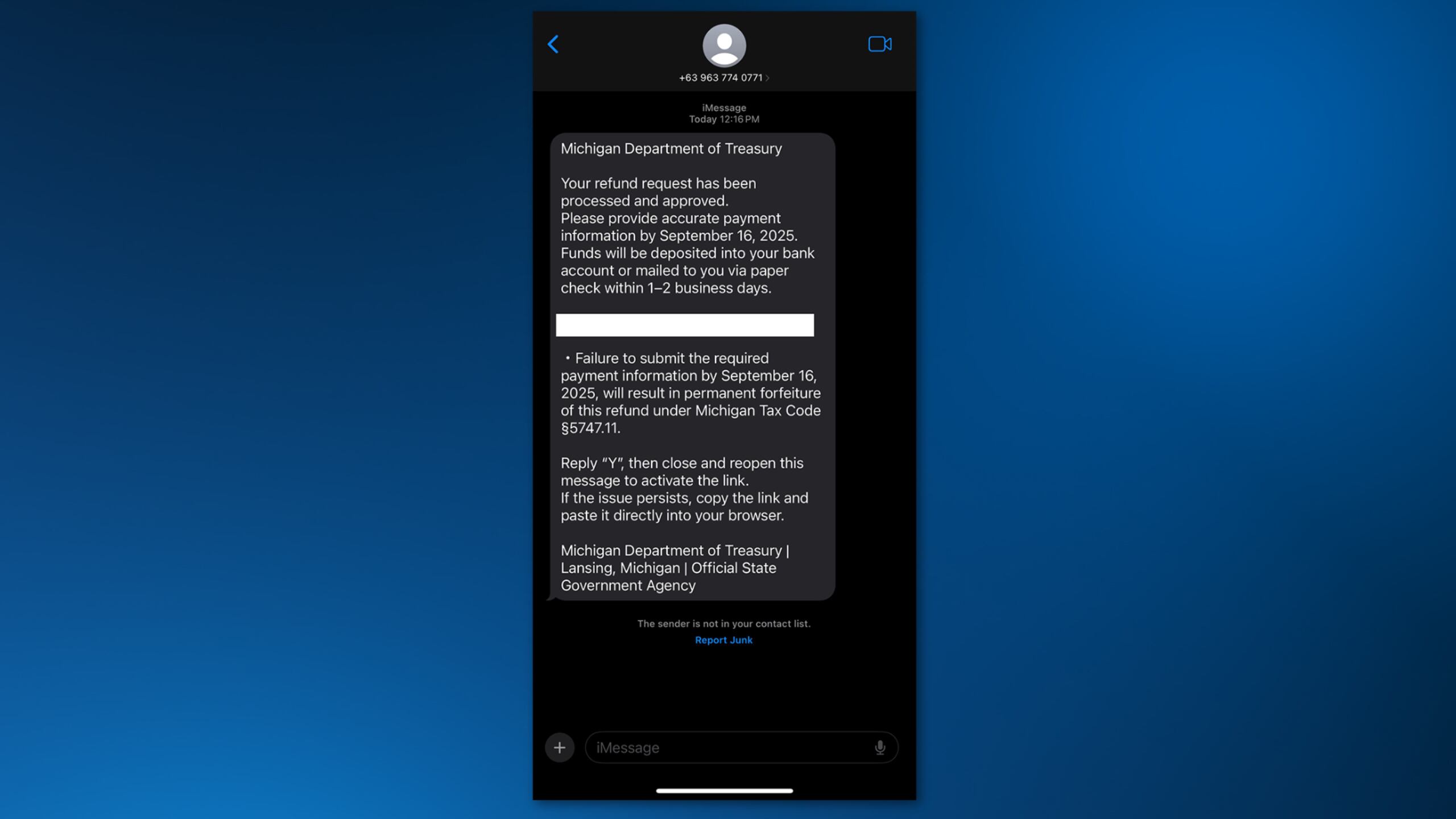 New text scam asks for payment info for tax refunds, claims to be MI ...