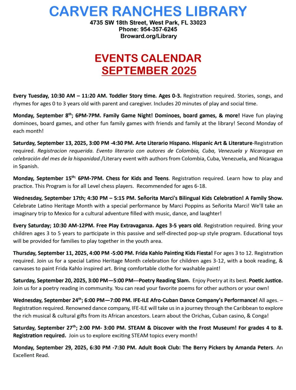 Carver Ranches Library September and October Calendar