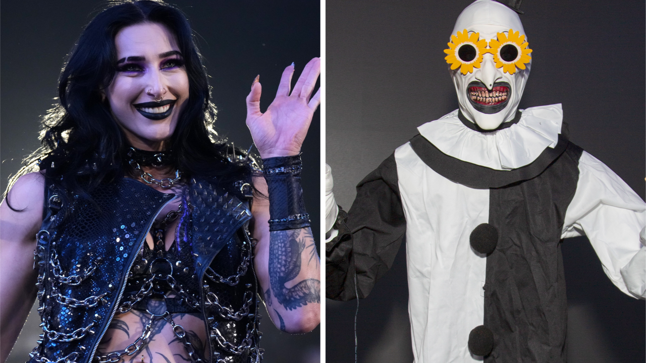 Watch Terrifier baddie Art The Clown ‘kill’ WWE wrestler Rhea Ripley ...