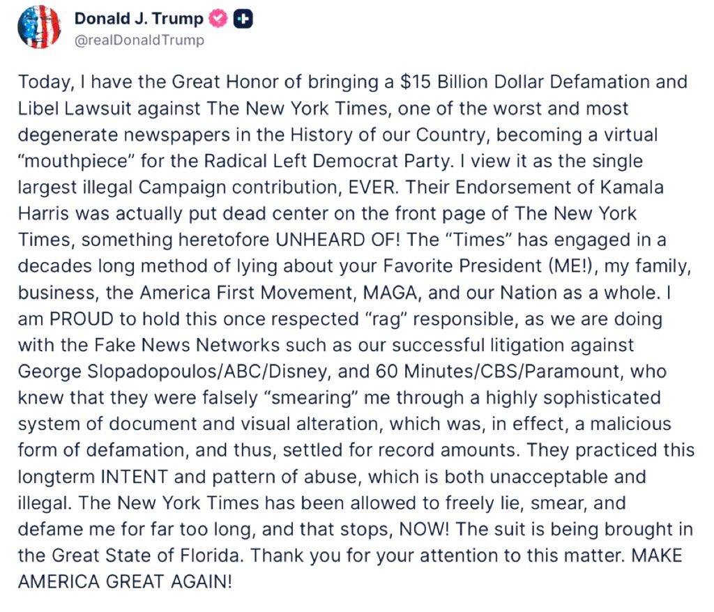 Trump Sues New York Times for $15 Billion, Accuses Paper of Decades-Long Smear Campaign