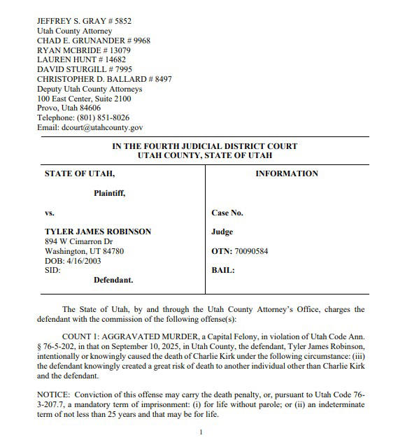 Tyler Robinson shows no emotion as murder charge read at hearing