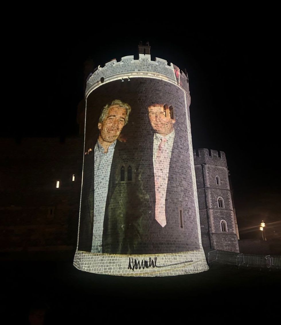 Protesters project images of Donald Trump and Jeffrey Epstein onto ...