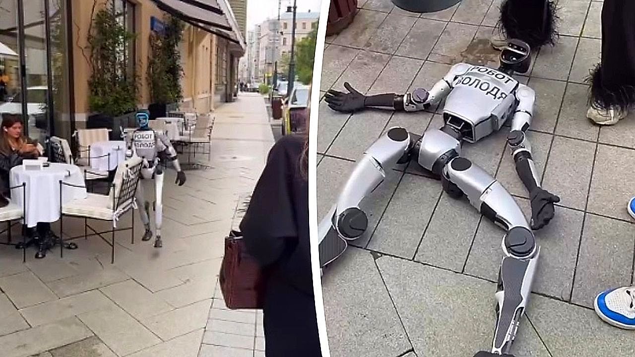 Robo fall: Volodya robot stumbles in the streets