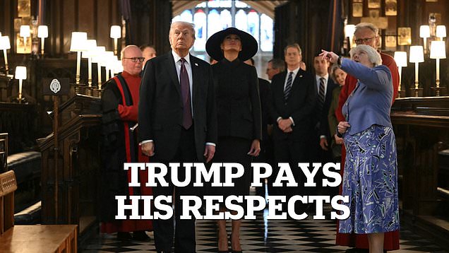 Donald Trump arrives to lay a wreath at the late Queen's resting place