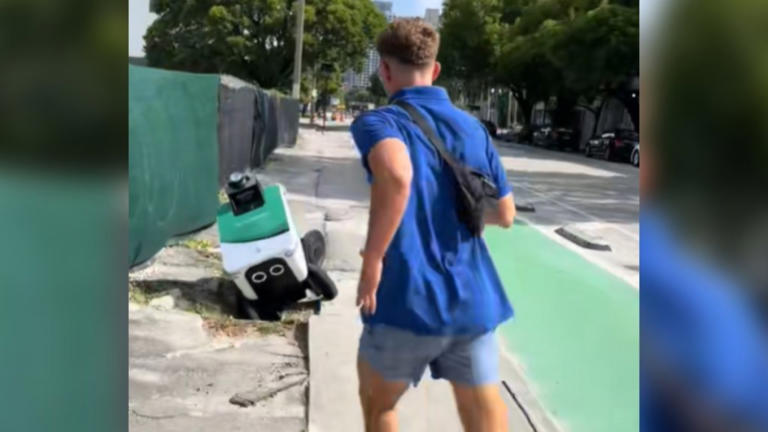 Bystanders Spot Delivery Robot Trapped In A Hole And Leap To The Rescue ...