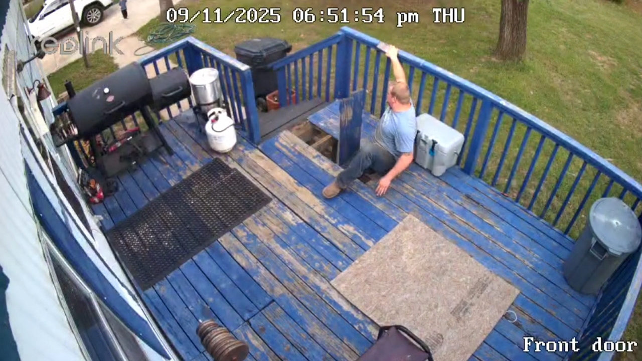 Man partially falls through porch floor in Oklahoma, USA