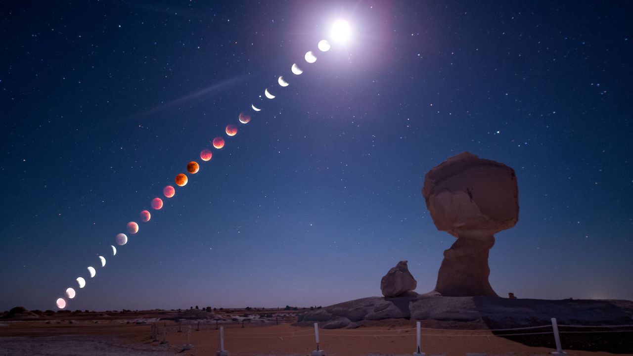 Breathtaking timelapse photos capture September's blood moon total lunar eclipse over Egypt's ...