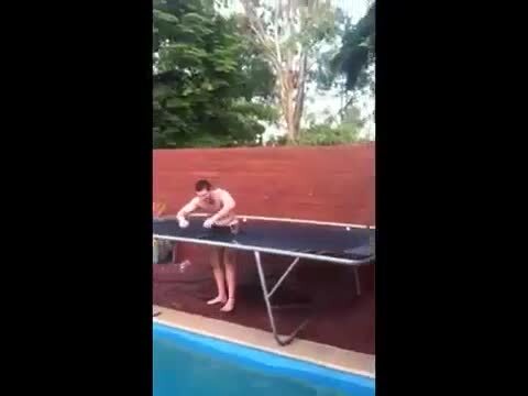 Guy Breaks Trampoline next to Pool