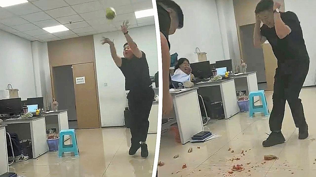Watermelon trick shot ends in office smash in China