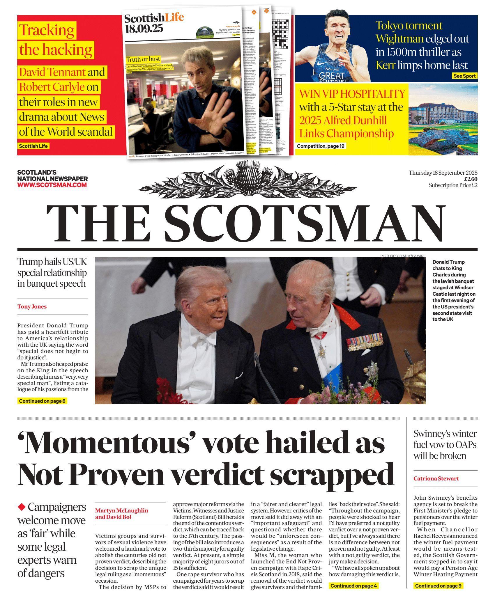 Scotland's papers: Not proven verdict scrapped and Trump state visit