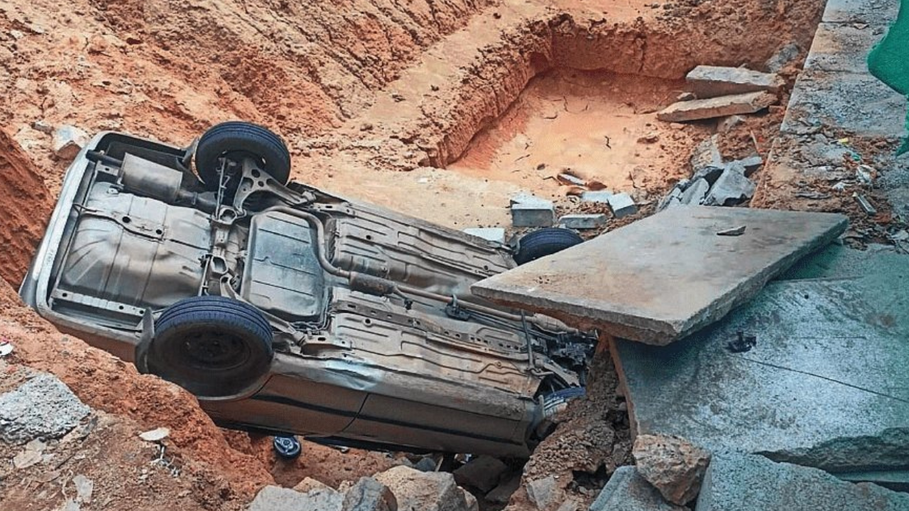 ‘Accident waiting to happen’: Sedan topples into 25-foot open pit; 3 ...