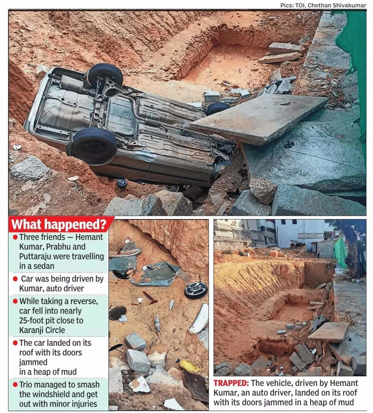 ‘Accident waiting to happen’: Sedan topples into 25-foot open pit; 3 ...