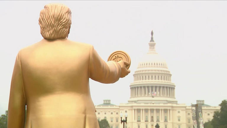 12-foot golden Trump Bitcoin statue unveiled outside US Capitol: Crowds ...