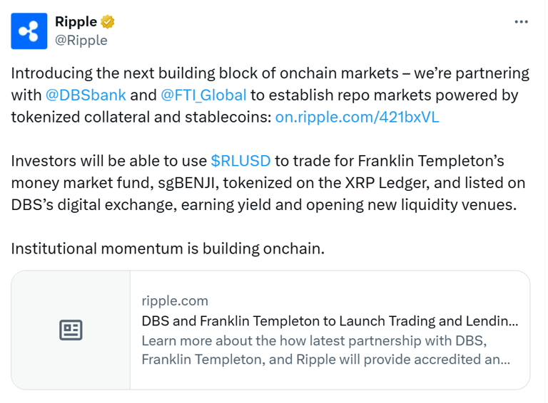 DBS, Franklin Templeton y Ripple se unen para lanzar préstamos tokenizados