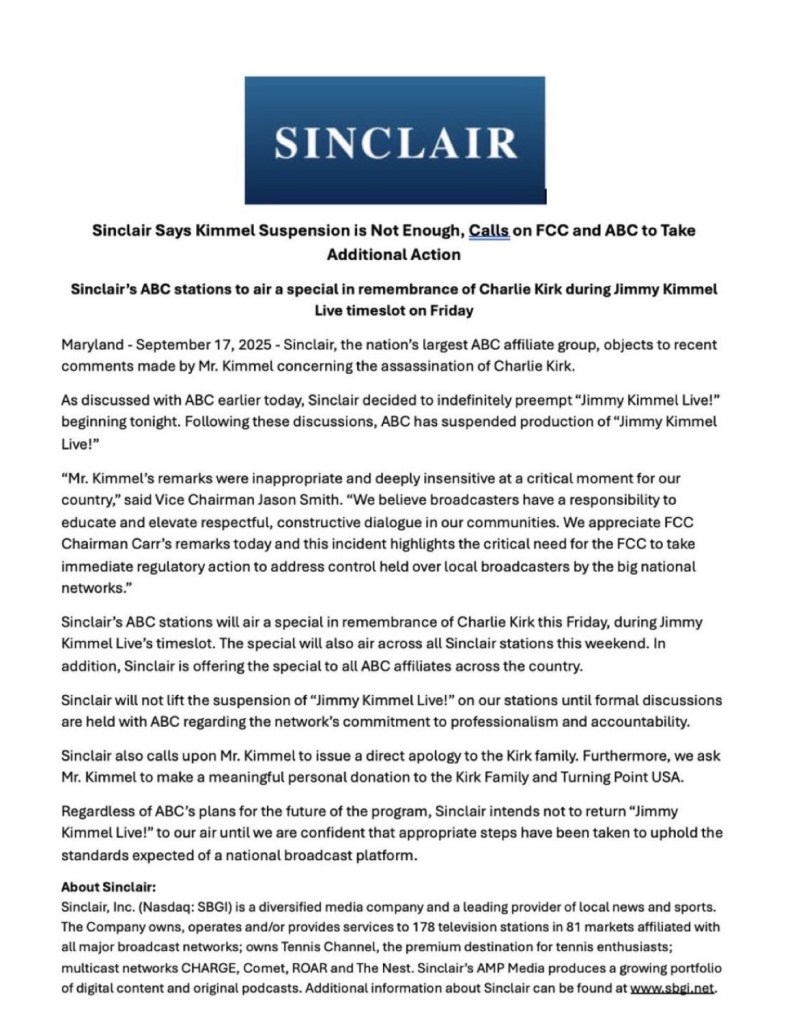 Sinclair Broadcast Group Also Refuses To Air Jimmy Kimmel Live