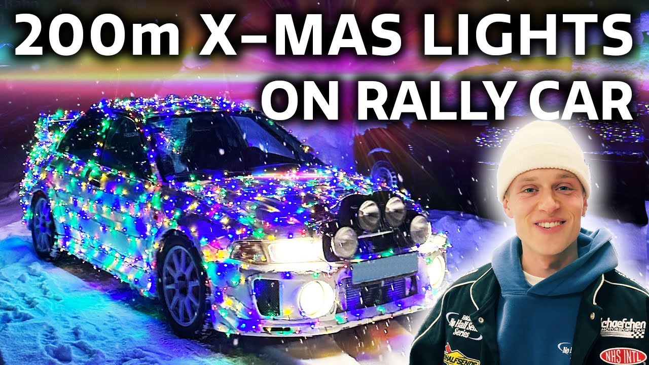 Mitsubishi EVO With 200 Meters of Christmas Lights Driving in Snow