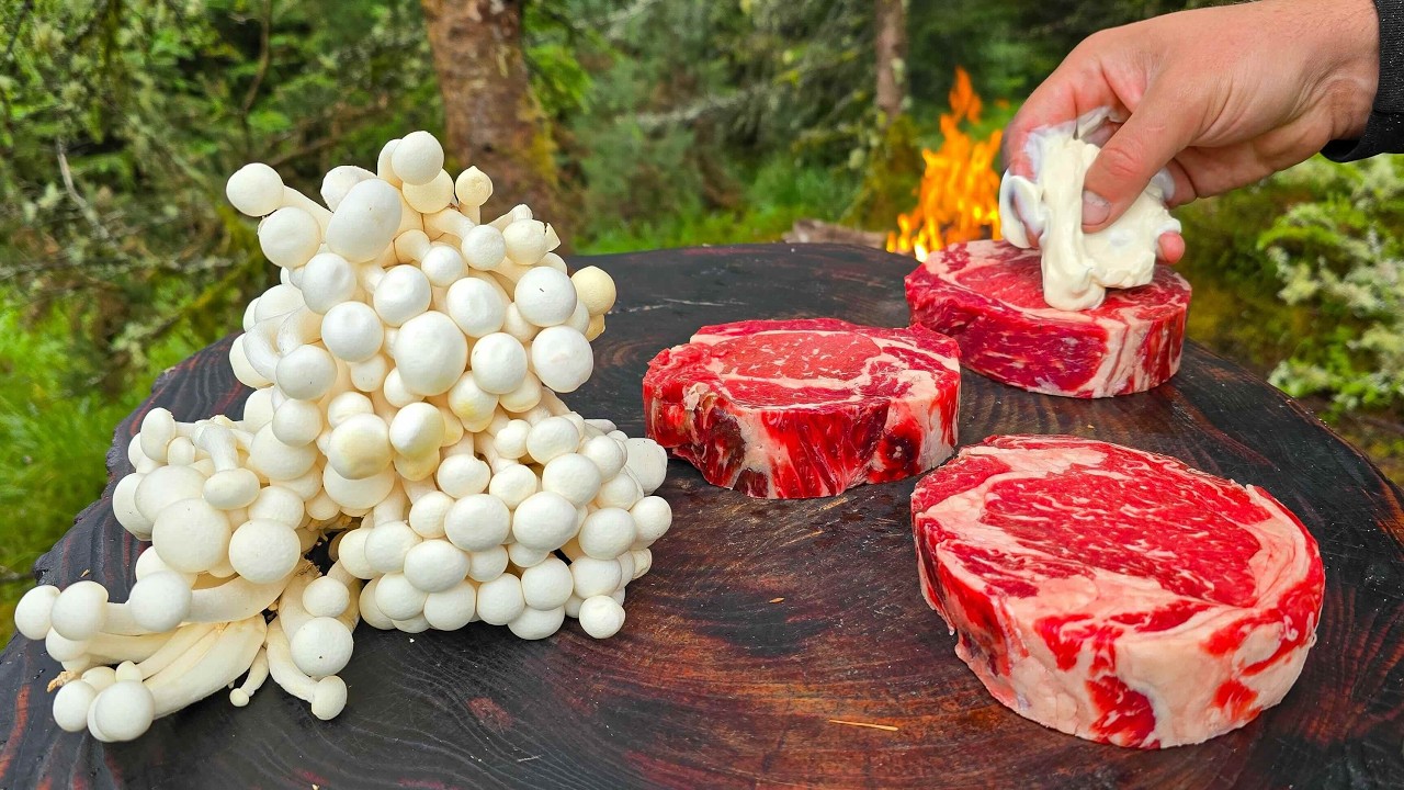 ASMR Outdoor Cooking - Steak Marinated In Mayo Over Open Fire