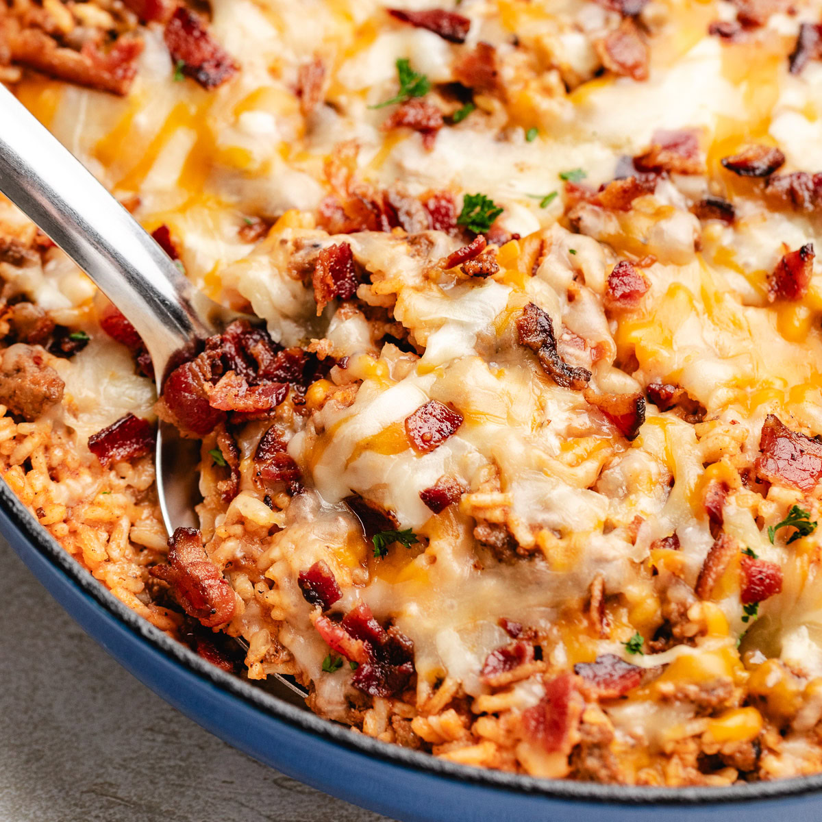 One pan bacon cheeseburger rice skillet