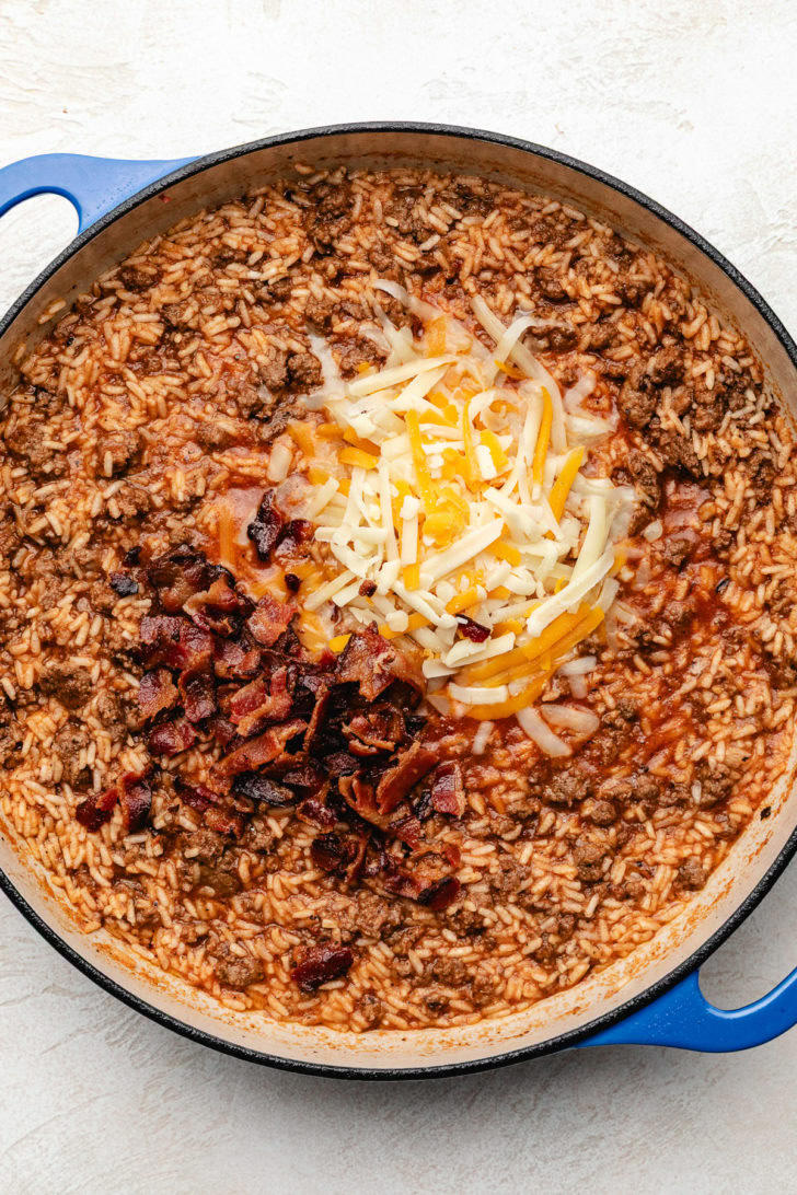 One pan bacon cheeseburger rice skillet