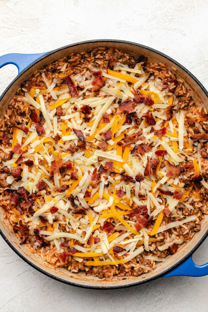 One pan bacon cheeseburger rice skillet