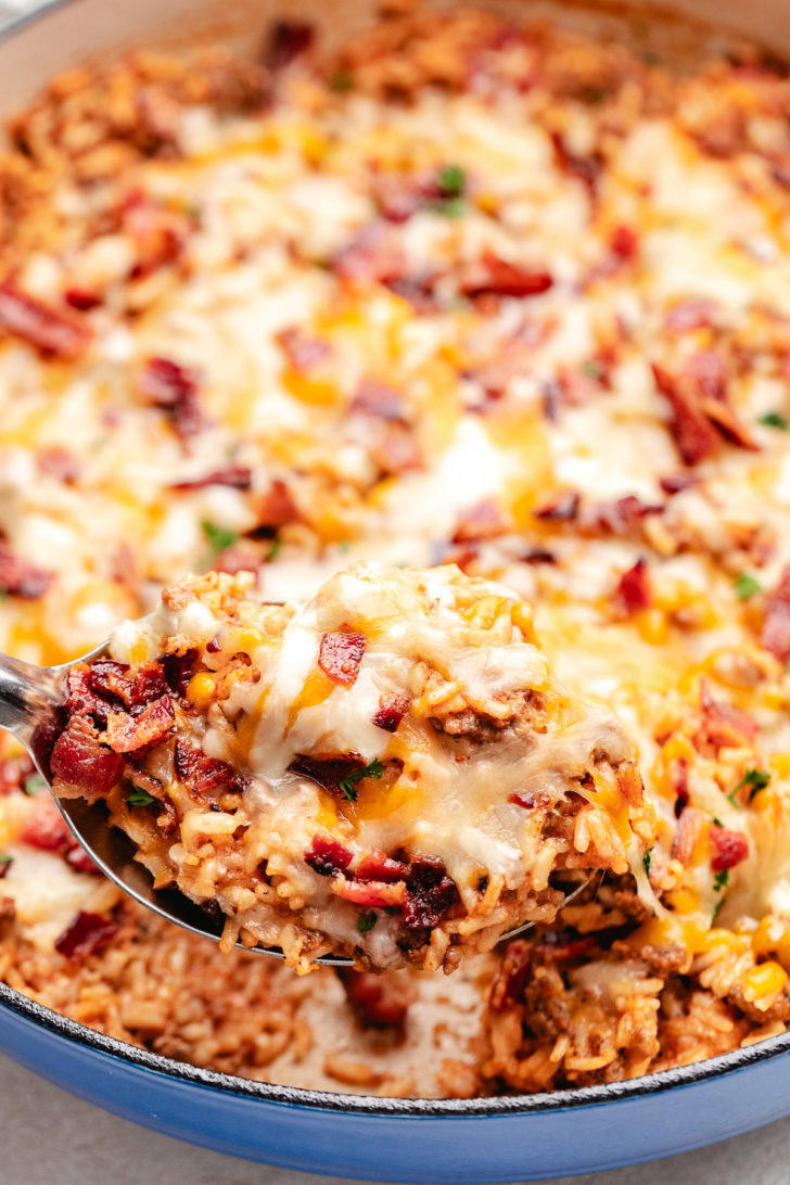 One pan bacon cheeseburger rice skillet