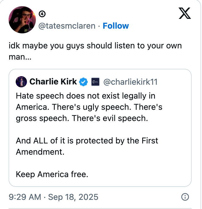 This Resurfaced Tweet Of Charlie Kirk Explaining Why "ALL" Speech ...