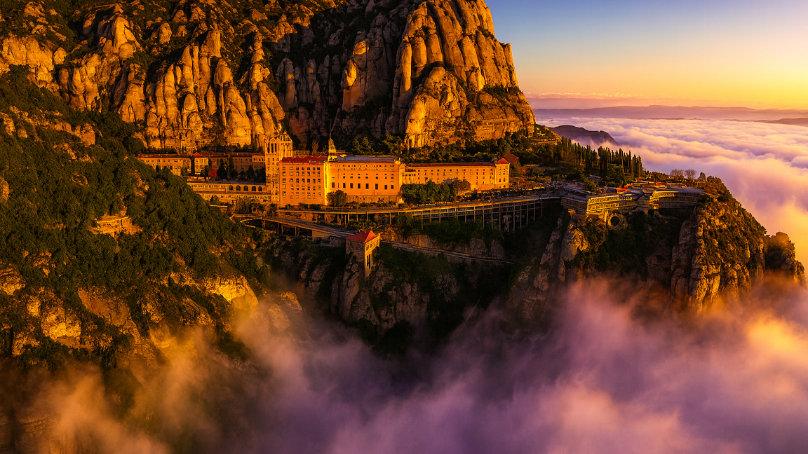 Cinematic Montserrat Monastery – Sunset Above the Clouds (4K)