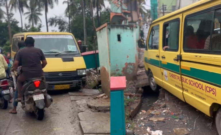 Video: Bengaluru School Van Stuck In Open Drain As Civic Mess Continues