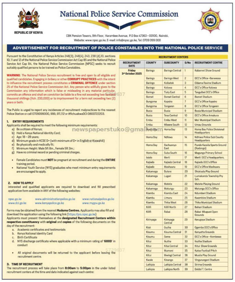 NPSC: List of 476 police recruitment centres selected in 47 counties ...