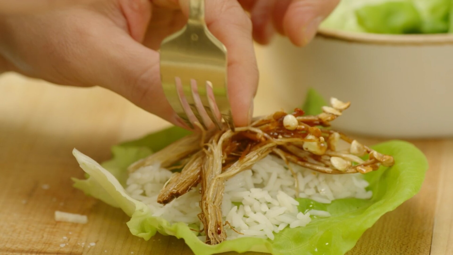 Fermented jicama kimchi with enoki rice