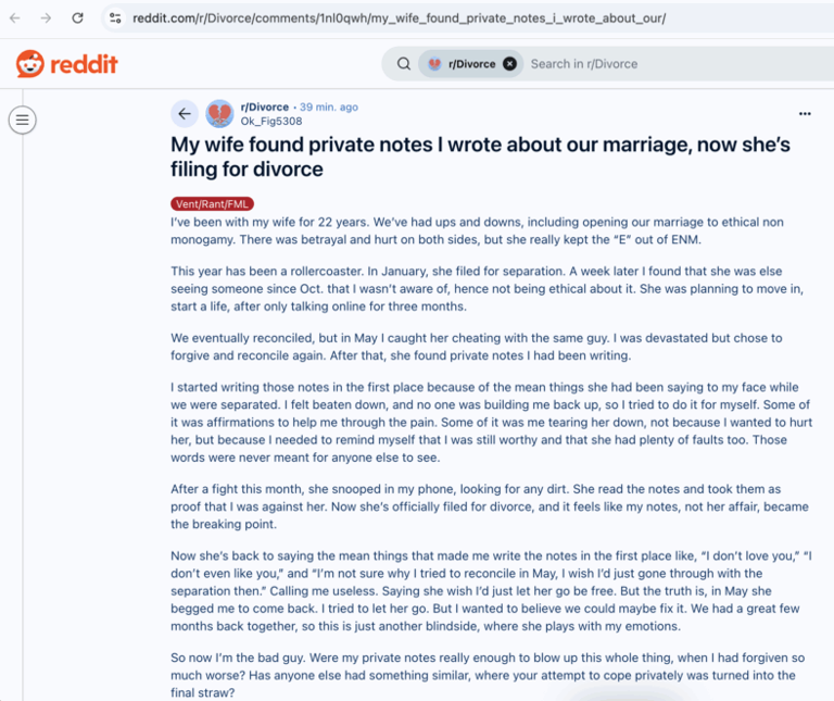 His Wife Found His Private Notes, And Now She's Filing For Divorce Even ...