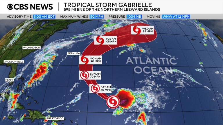 Maps show the forecast track of Tropical Storm Gabrielle