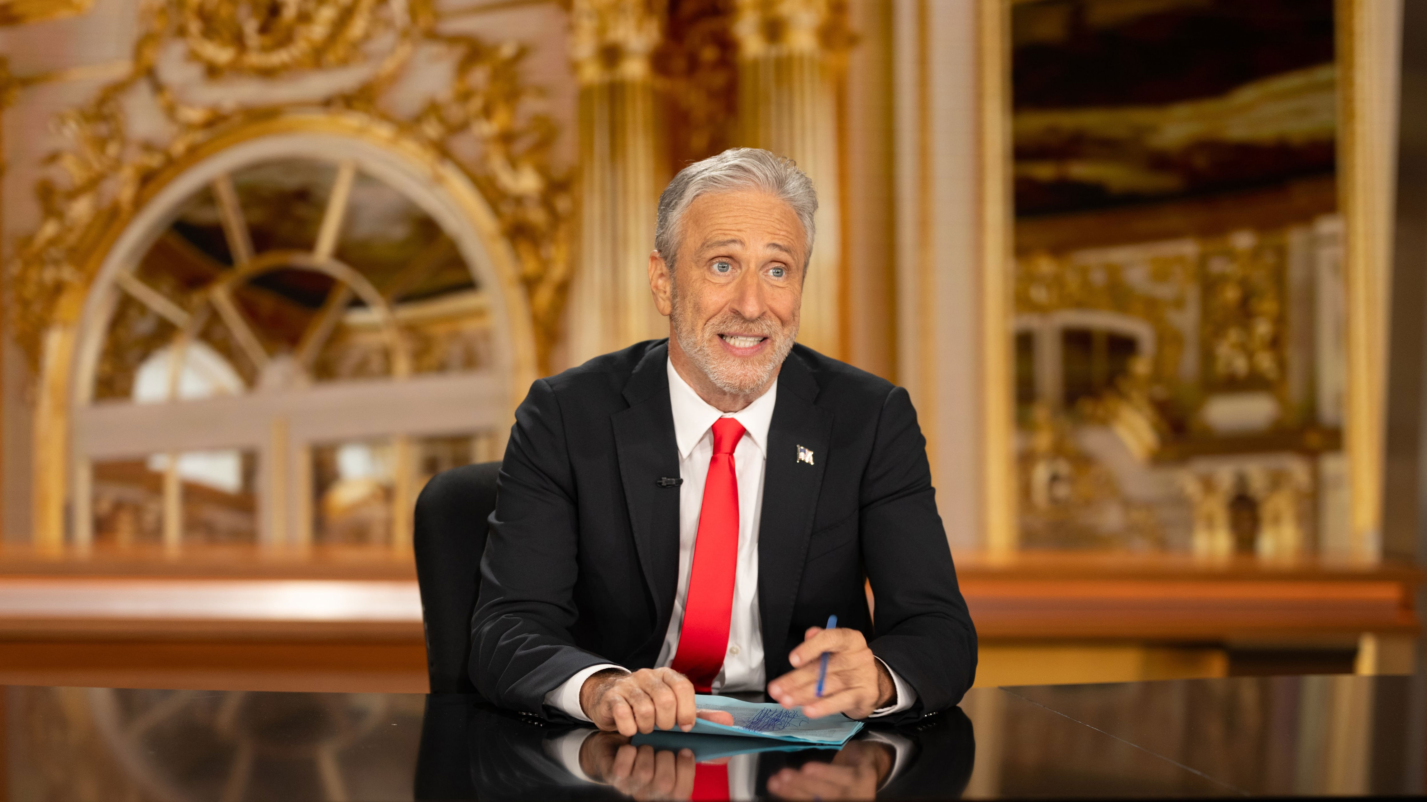 Jon Stewart Blings Up Desk in Devastating Dig on Trump’s Oval Office