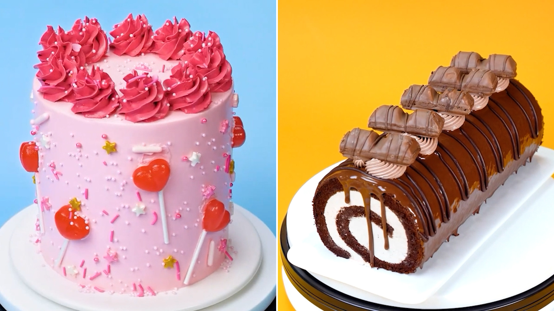 Pink Cake with Heart Decorations and Chocolate Roll