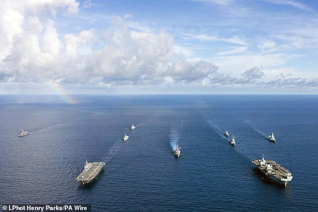 UK flagship HMS Prince of Wales sails alongside Royal Navy and South ...