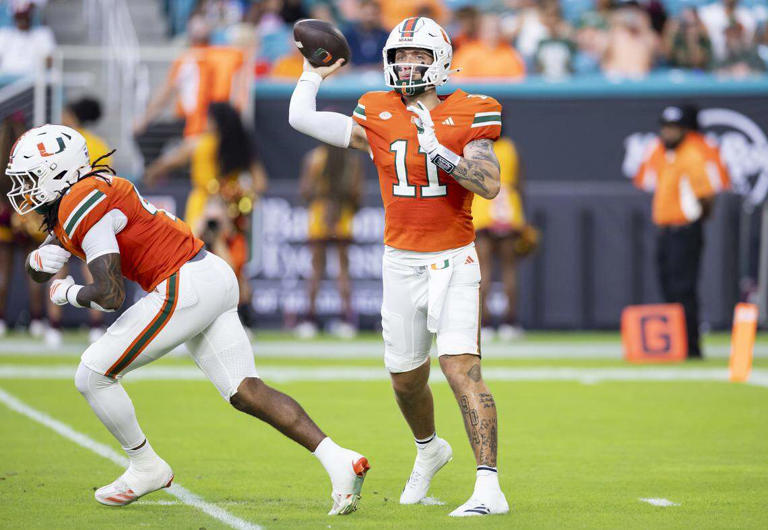 Miami Hurricanes' Carson Beck is a fan of USF's Byrum Brown. Just not ...