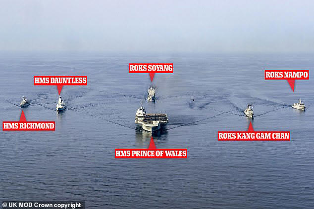 UK flagship HMS Prince of Wales sails alongside Royal Navy and South ...