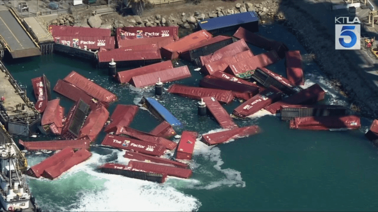 Video: Dozens of cargo containers spill into California port
