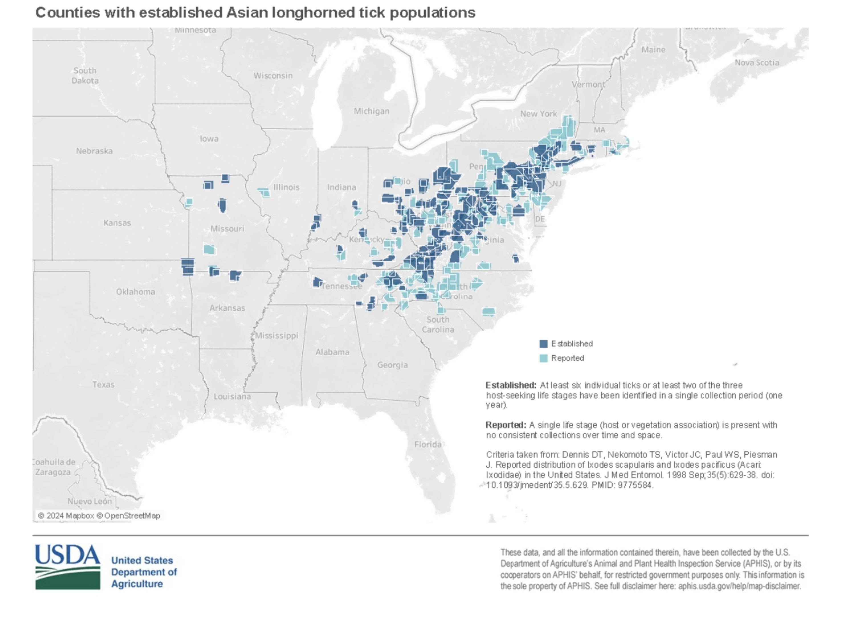 Map shows where invasive Asian longhorned tick found across US