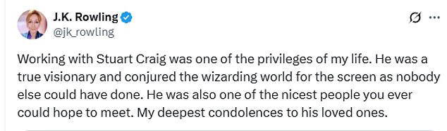 JK Rowling pays tribute to Oscar-winning Harry Potter designer Stuart ...