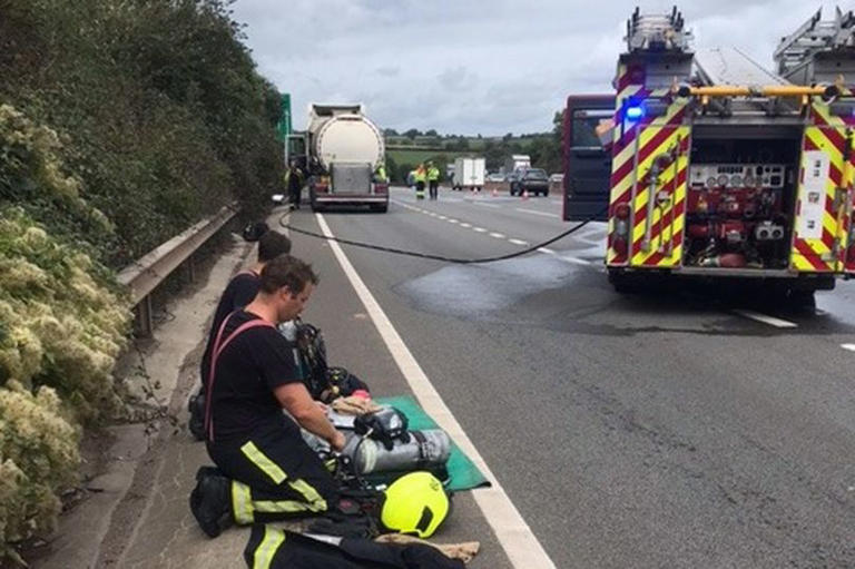 Dramatic moment milk tanker catches fire on A38