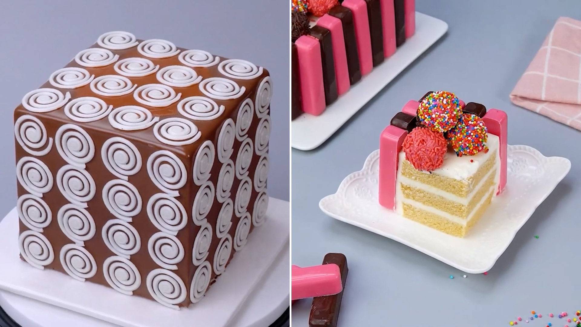 Spiral Block Cake and Layer Cake with Pink Chocolate