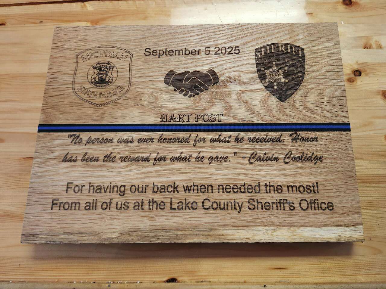 LCSO recognizes MSP Hart Post with plaque