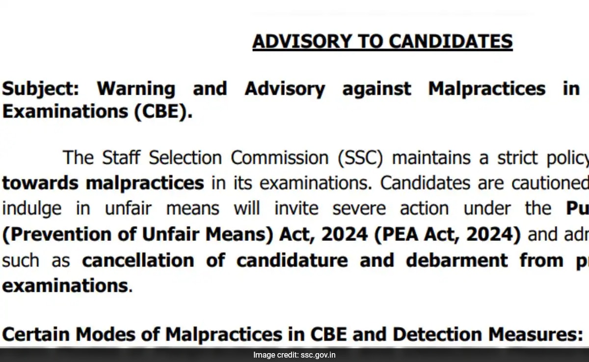 SSC Warns Of Strict Action Against Malpractice In Computer-Based Exams