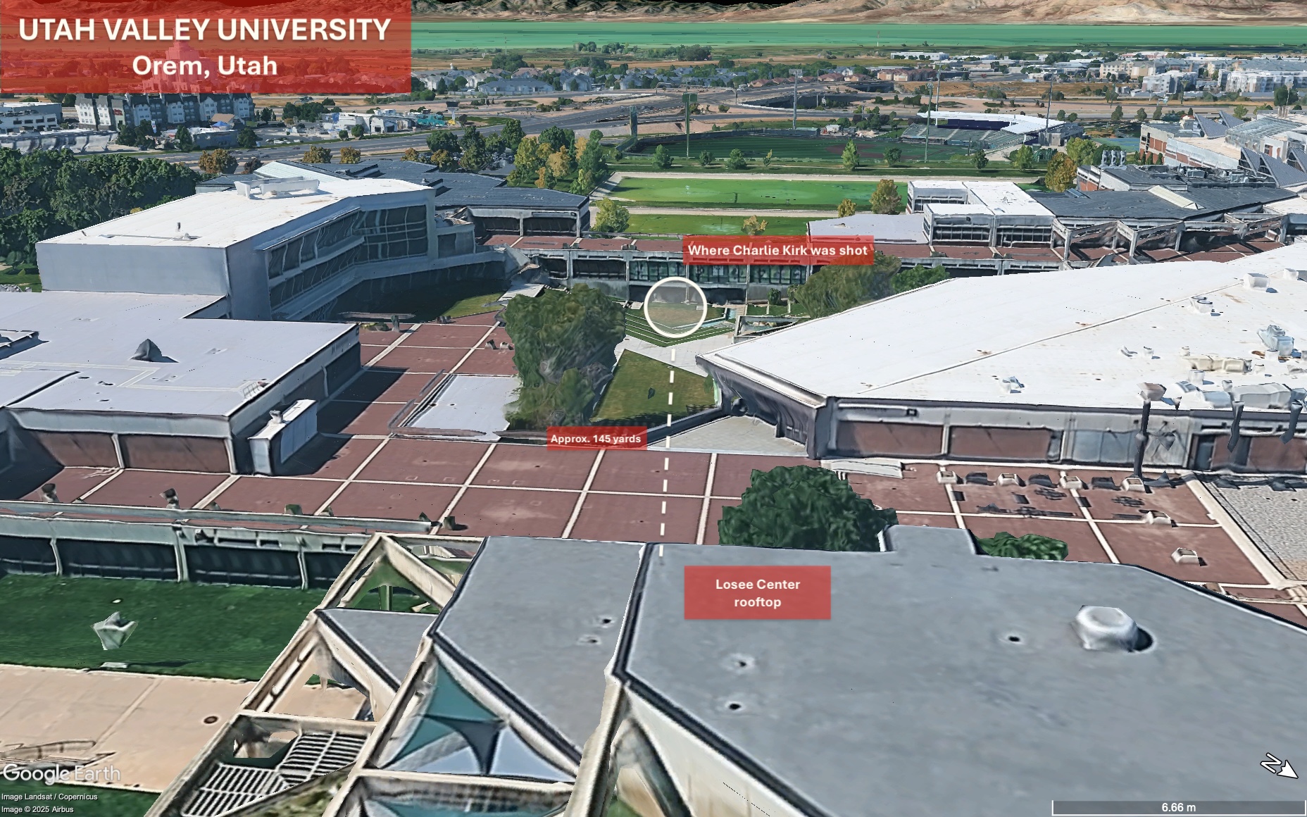 Charlie Kirk shooting: maps show site, view from nearby rooftop