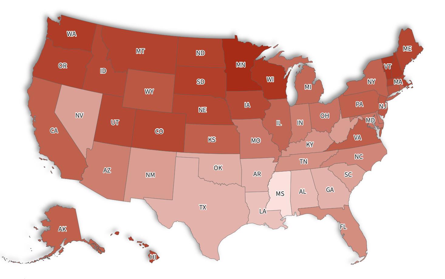 Map shows average credit score in every US state