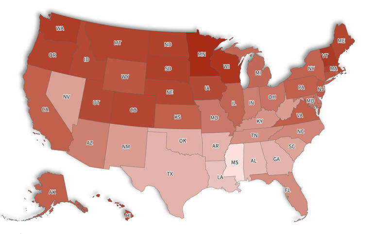 Map shows average credit score in every US state