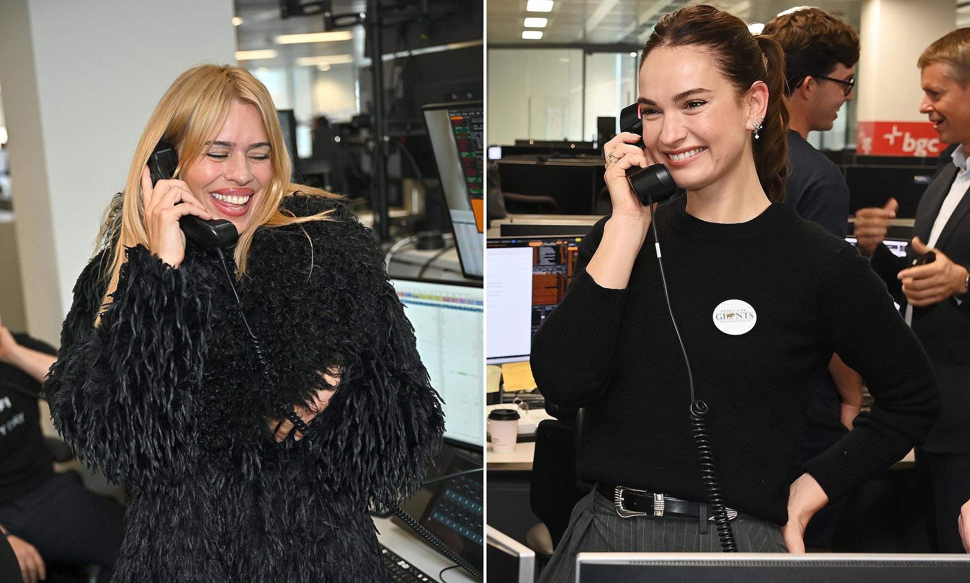 Billie Piper works the phones alongside pal Lily James at the BGC Group ...