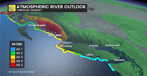 Atmospheric river set to fuel heavy B.C. rains into this weekend